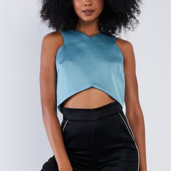 Tops | Solid Seafoam Green Chic Vneck Sleeveless Copped Top | Poshmark